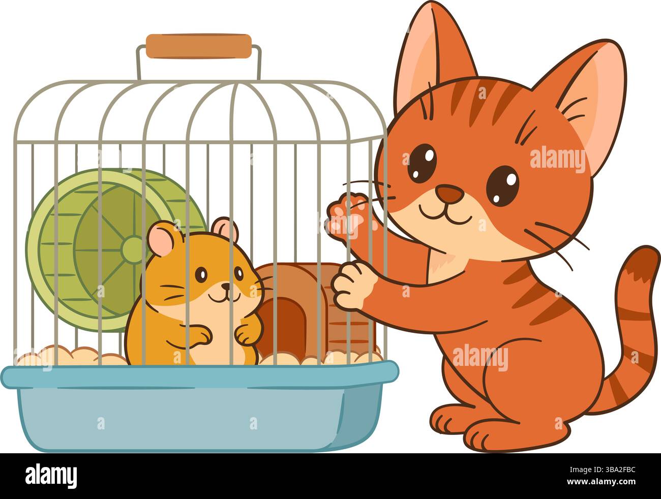Cute ginger cat curiously observing a hamster in cage. Hand drawn Flat ...