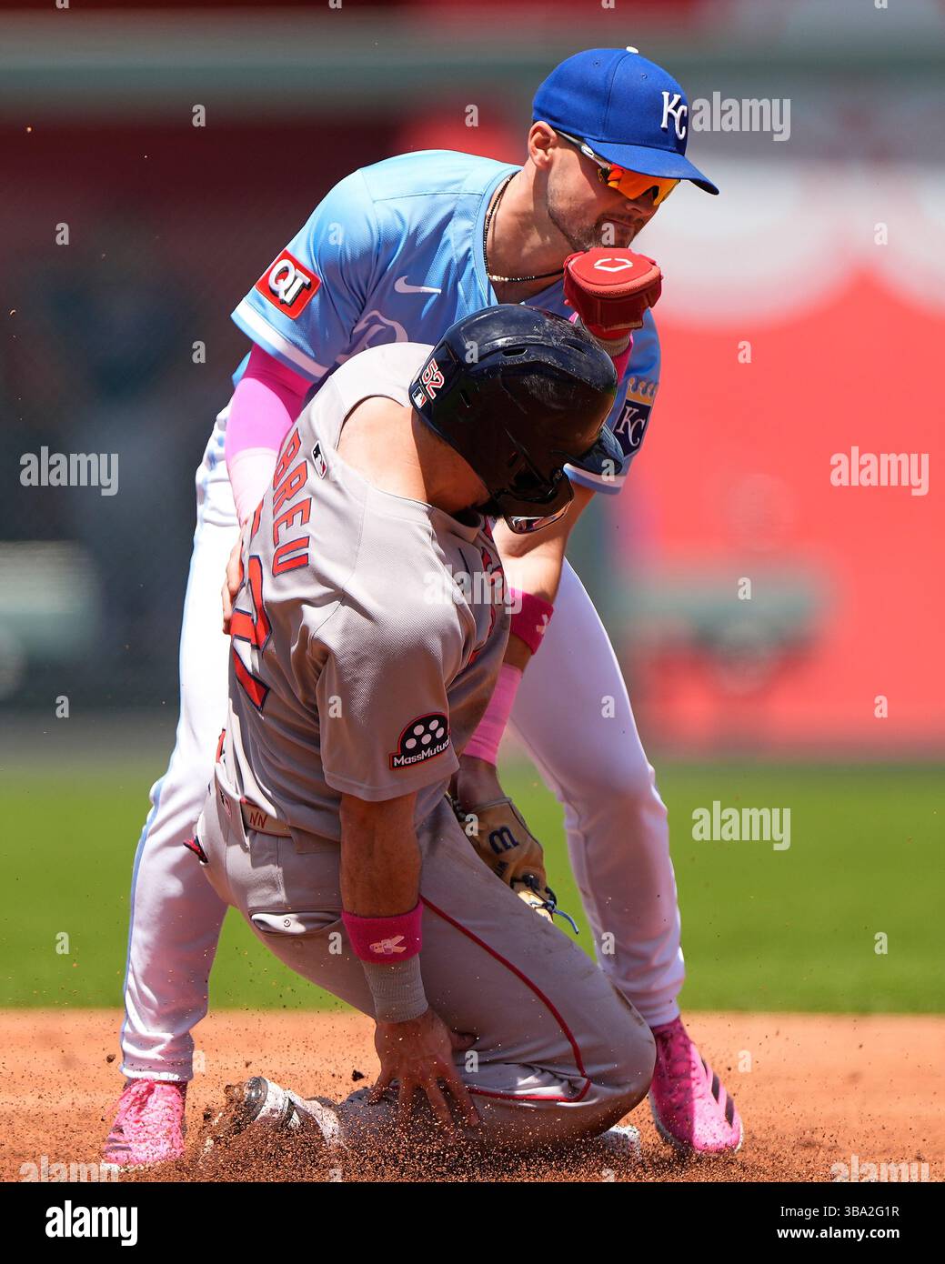 Boston Red Sox's Wilyer Abreau, front, is caught stealing second by ...