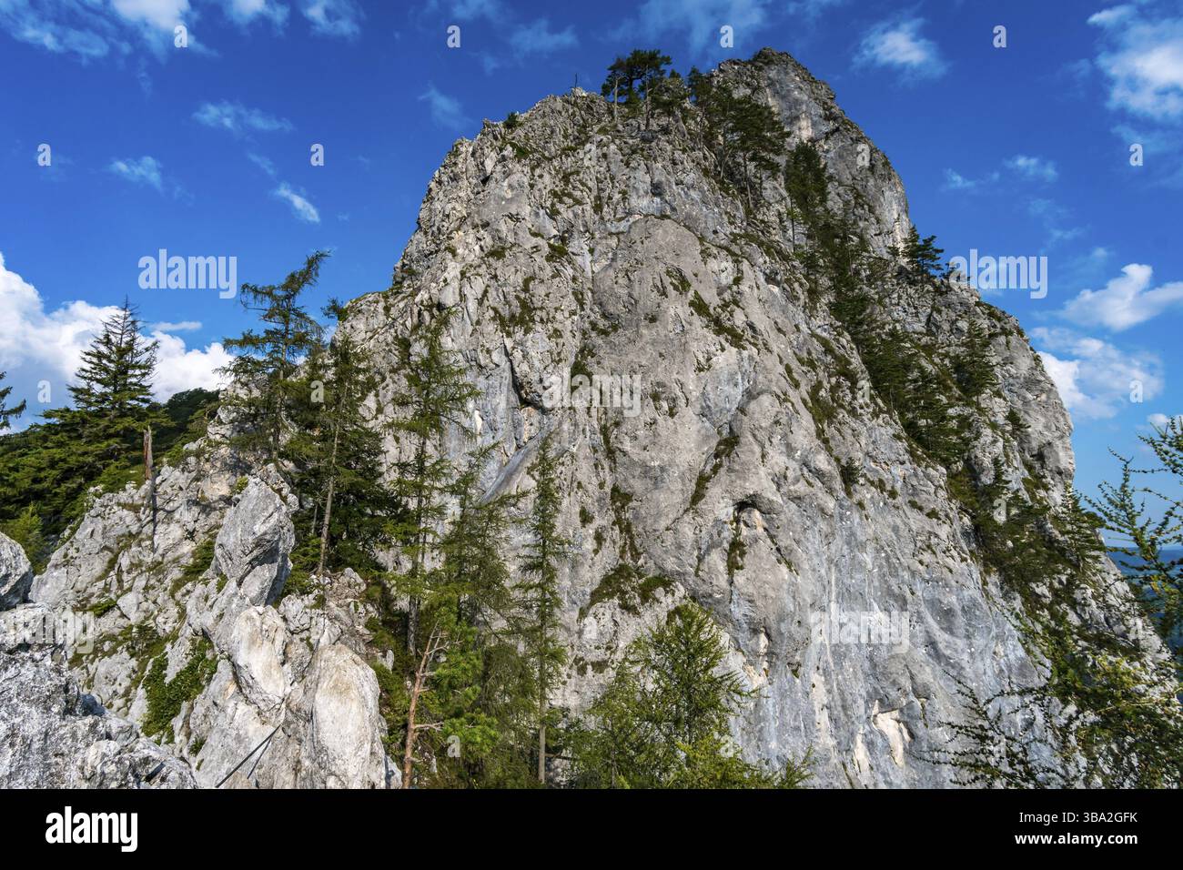 Climbing on the Drachenwand via ferrata at the beautiful Mondsee Stock ...