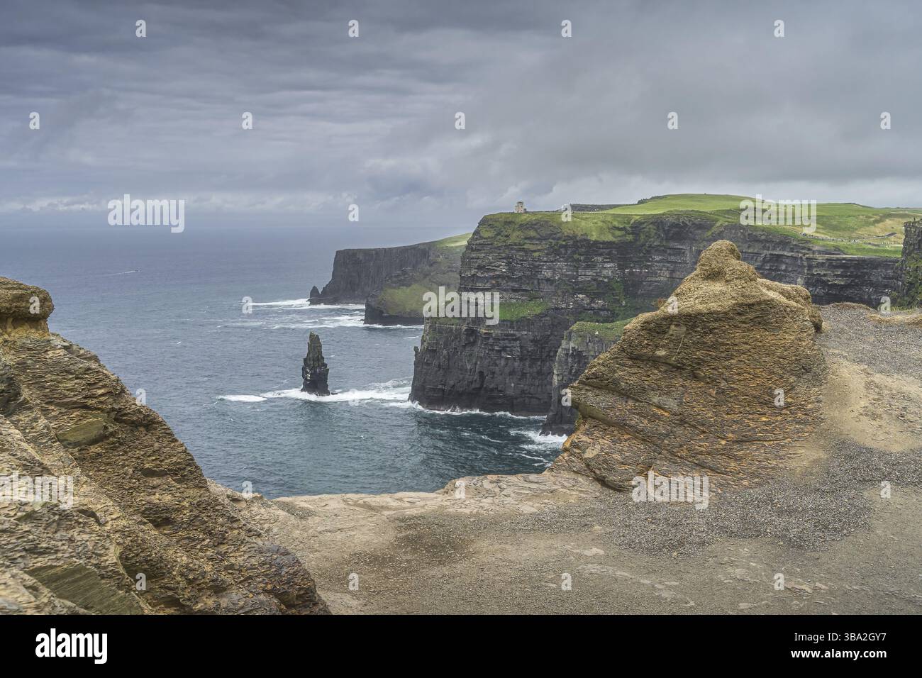 Sea stack and rock formations on iconic Cliffs of Moher, OBriens Tower ...