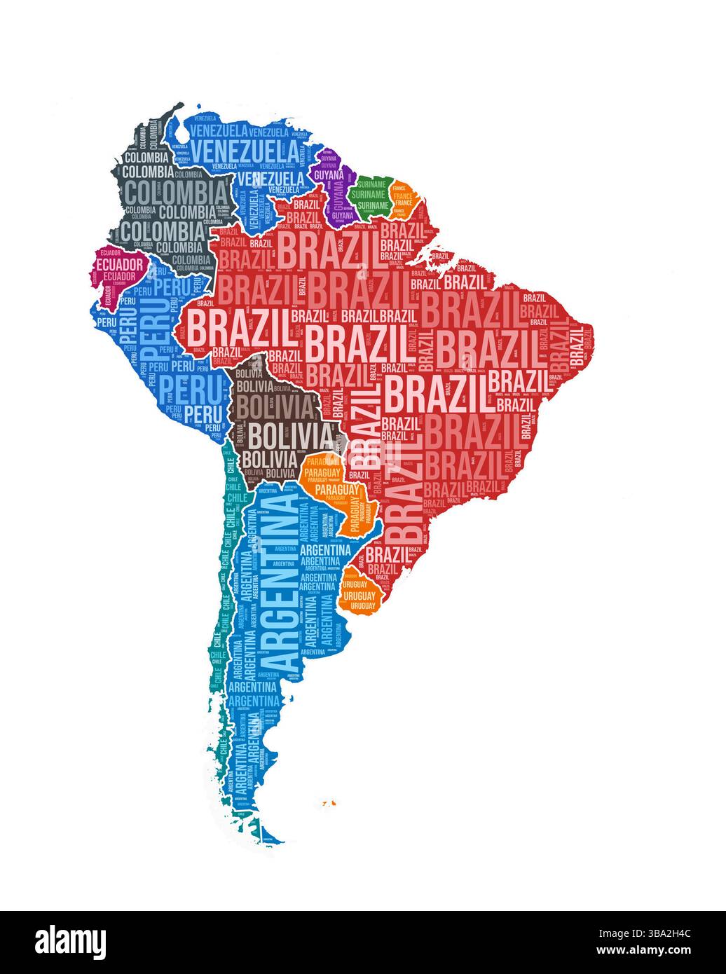 South America shape. Continent word cloud with country division. South ...
