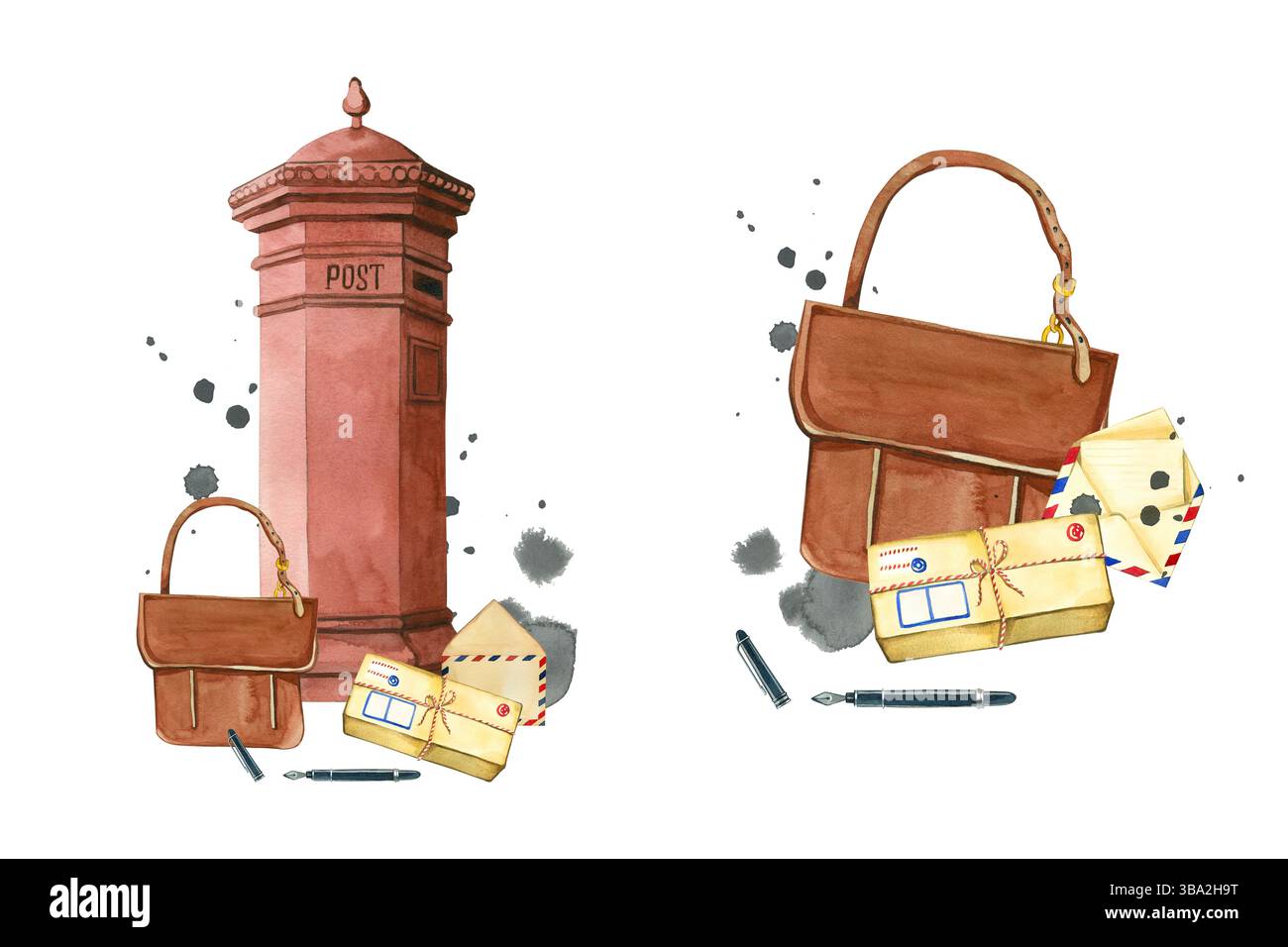 Set of watercolor compositions, Post Day, street mailbox, postman's bag ...