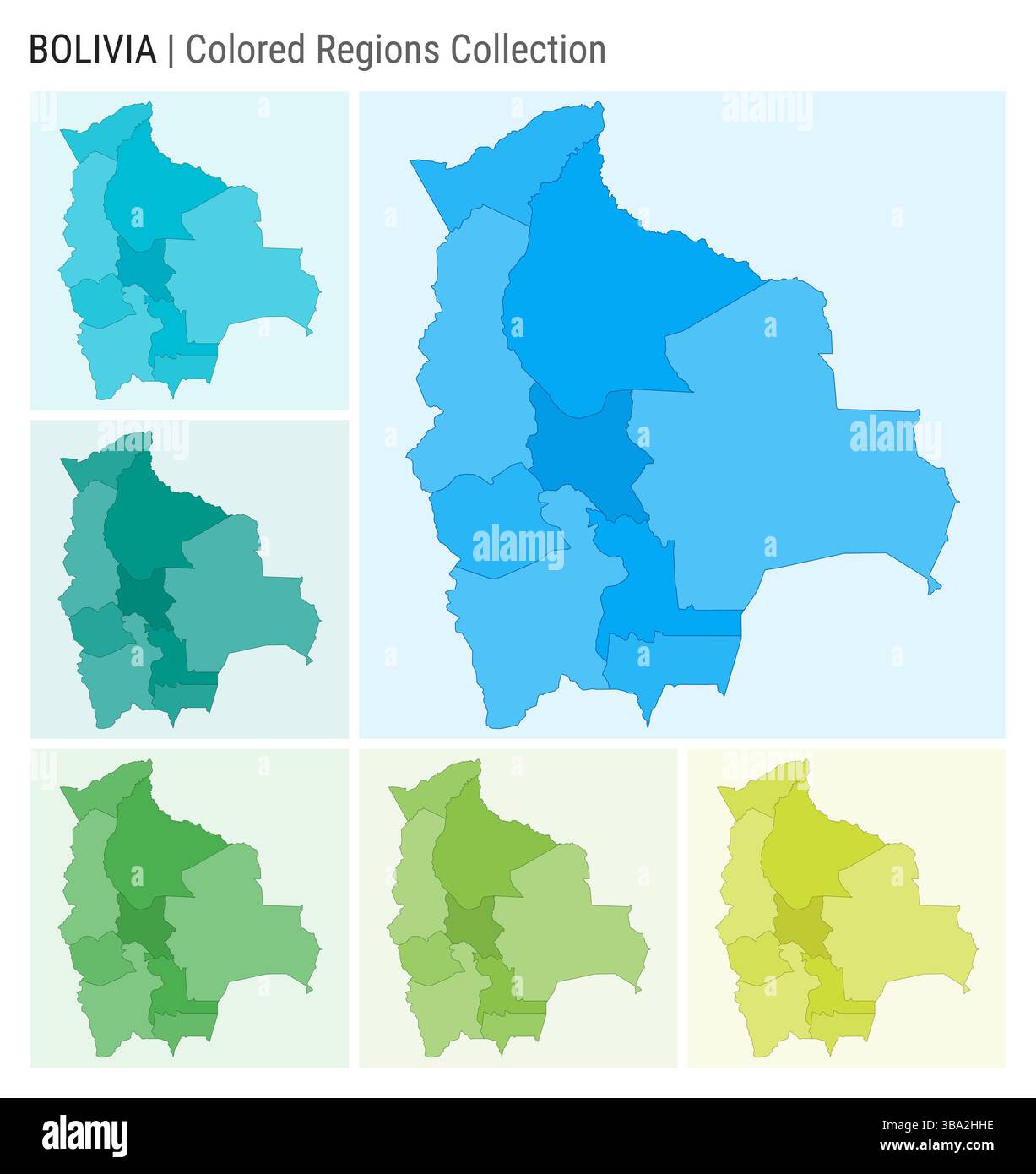 Bolivia map collection. Country shape with colored regions. Light Blue ...