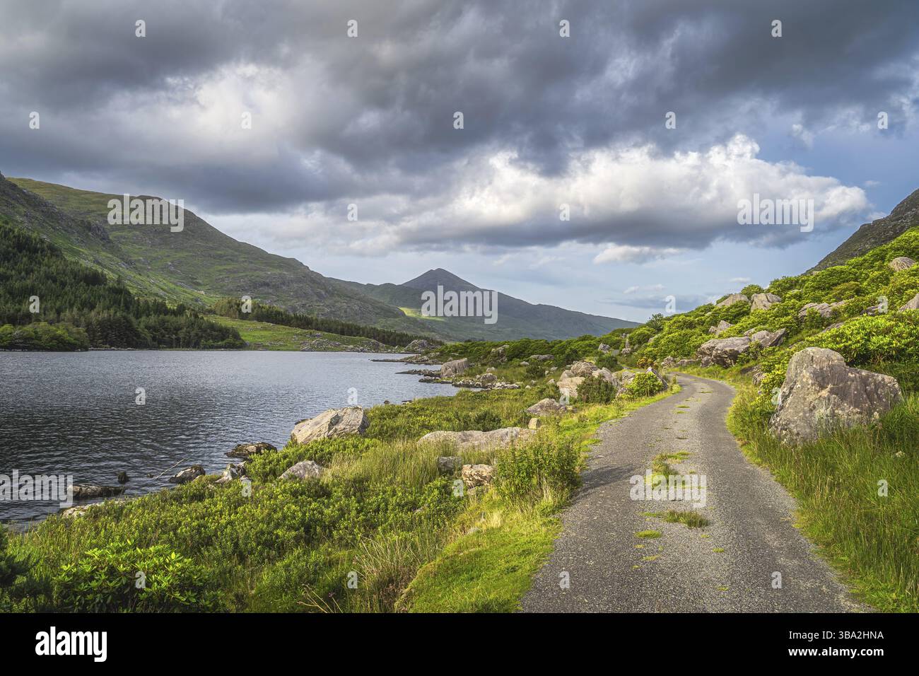 Winding country road leading trough Black Valley, between lake and ...