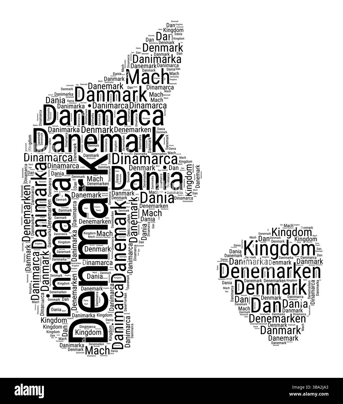 Black and white word cloud in Denmark shape. Simple typography style ...