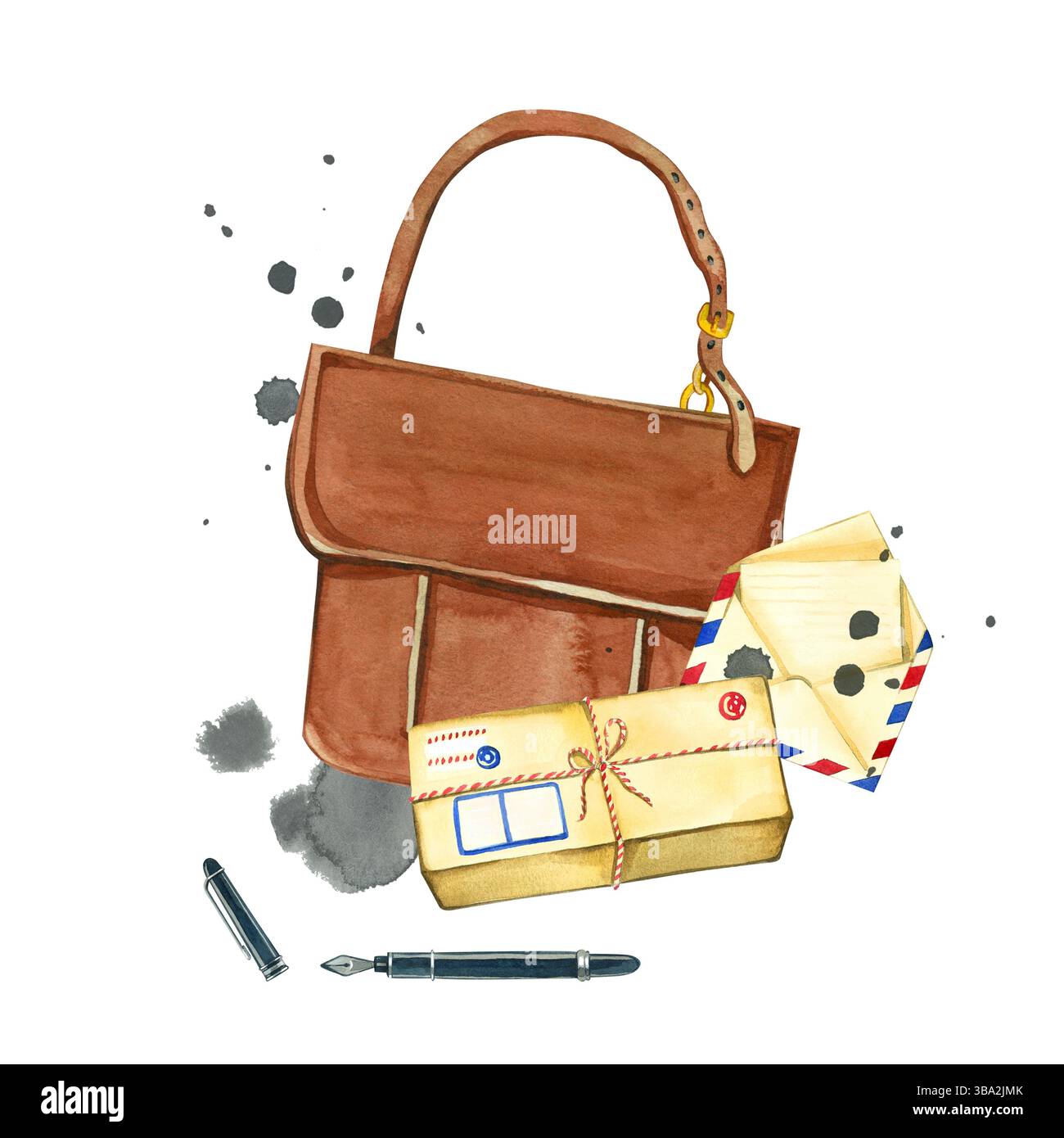 Watercolor composition, Post Day, postman's bag, letters, parcels ...