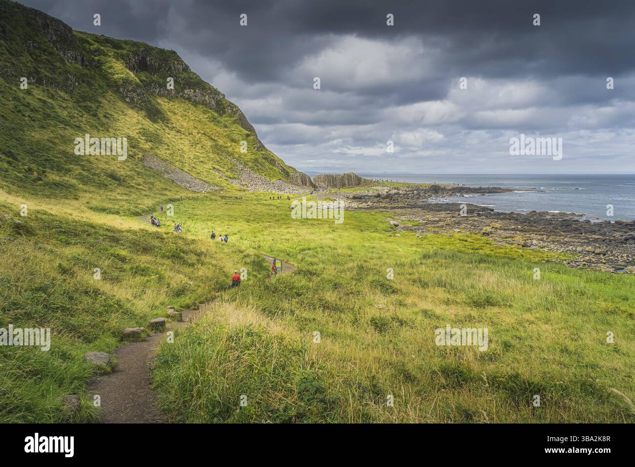 Tourists on path to main hexagonal rock formation, basalt columns in ...