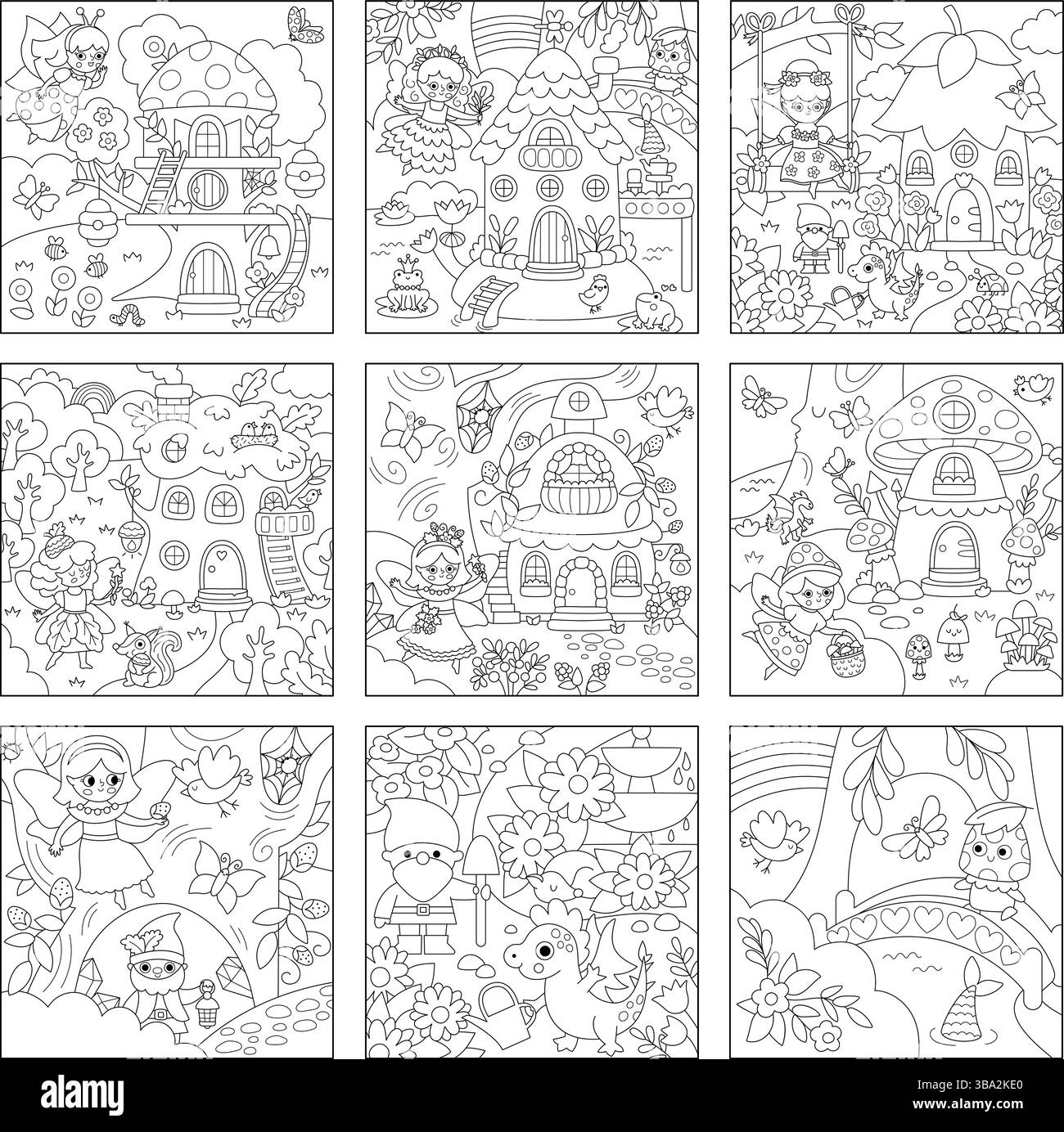 Vector black and white square fairyland backgrounds set. Cute fairy ...