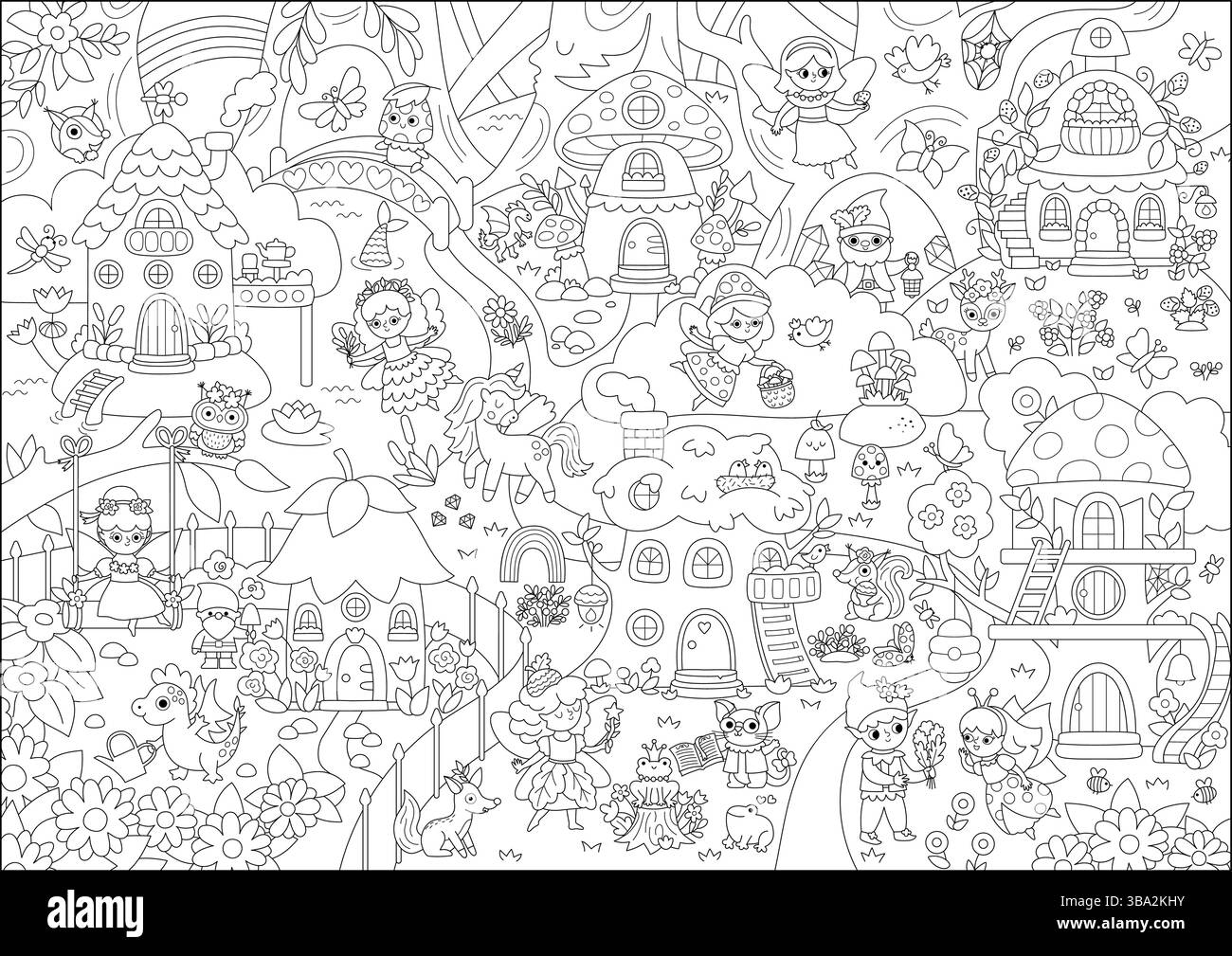 Vector black and white fairyland background. Cute fairy land landscape ...