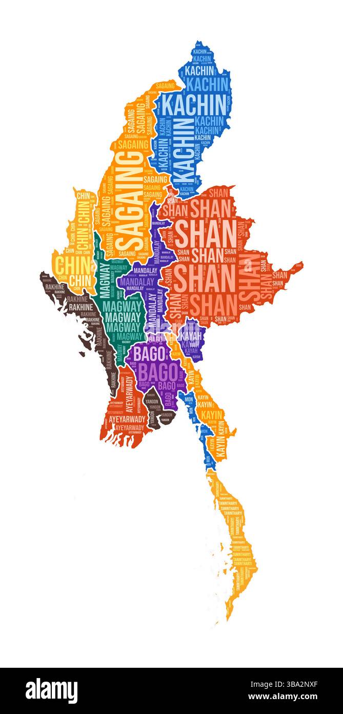Myanmar shape. Country word cloud with region division. Myanmar colored ...