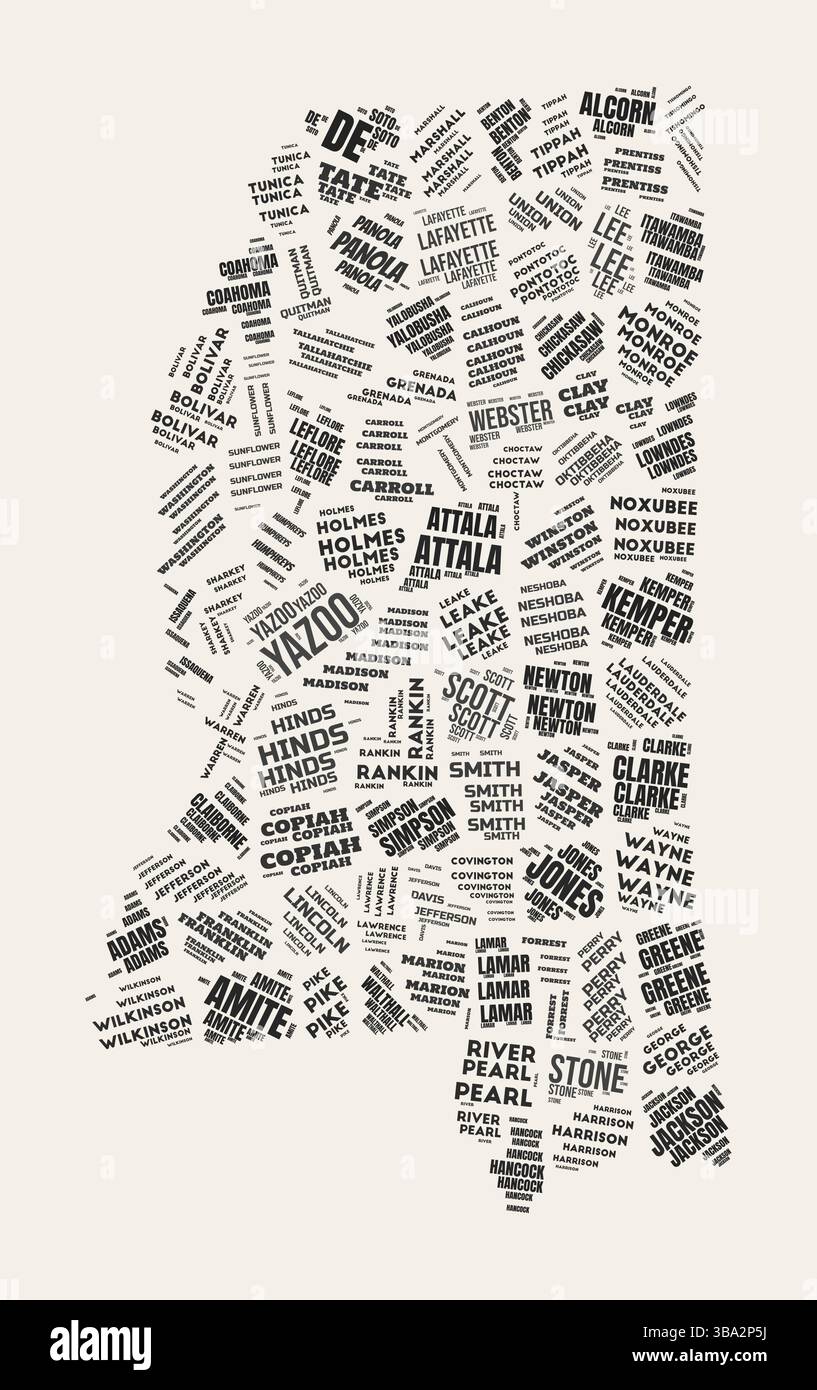 Mississippi Word Cloud. State with counties division. Mississippi ...