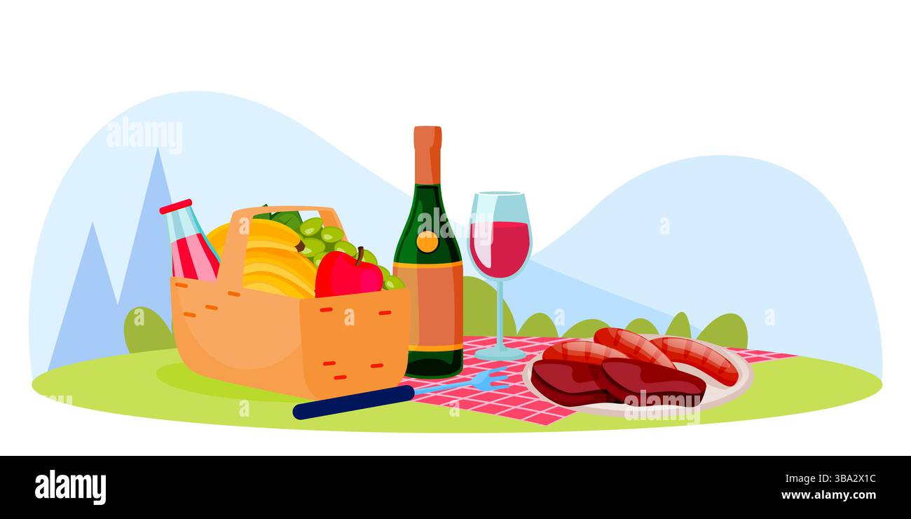 Picnic bbq vector flat cartoon illustration. Basket with fruits, wine ...