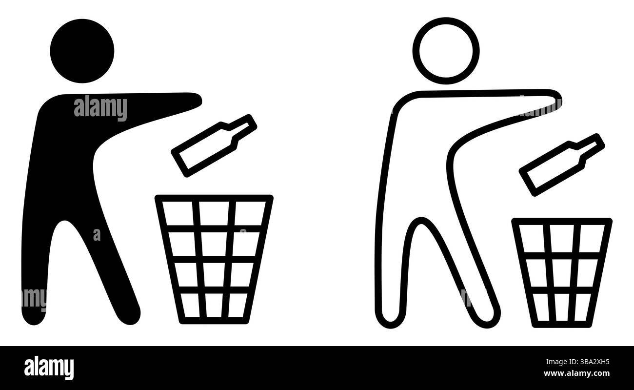 Keep tidy icon, man throwing bottle in recycle bin sign Stock Photo - Alamy