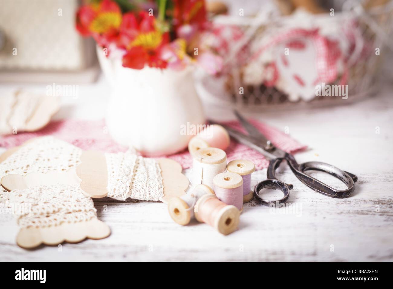 Vintage still life with handcraft materials and flowers Stock Photo - Alamy