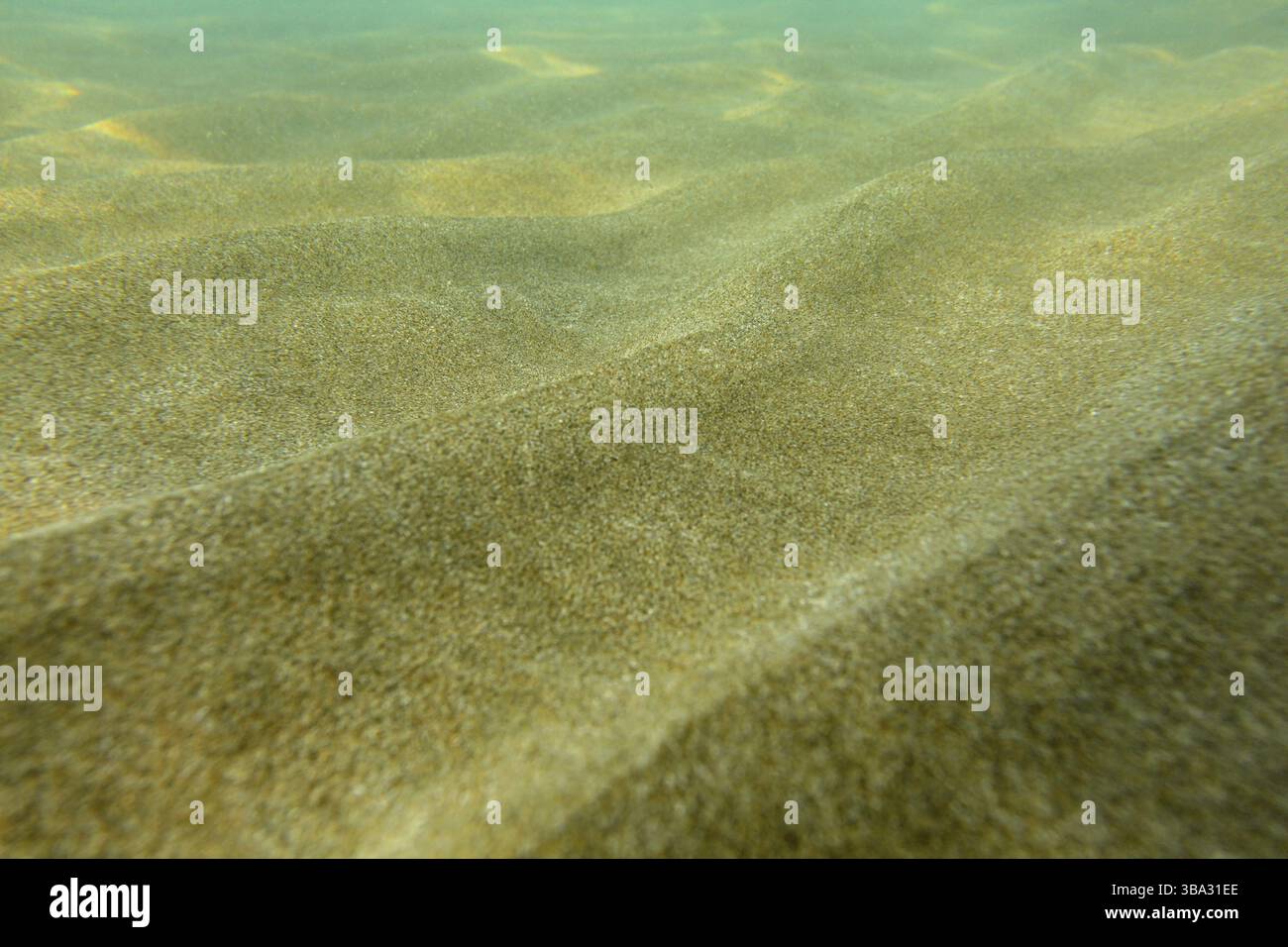 Underwater photo, shallow sea with sand dunes lit by sun, Lapta, Cyprus ...