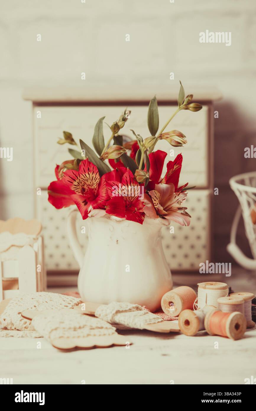 Vintage still life with handcraft materials and flowers Stock Photo - Alamy
