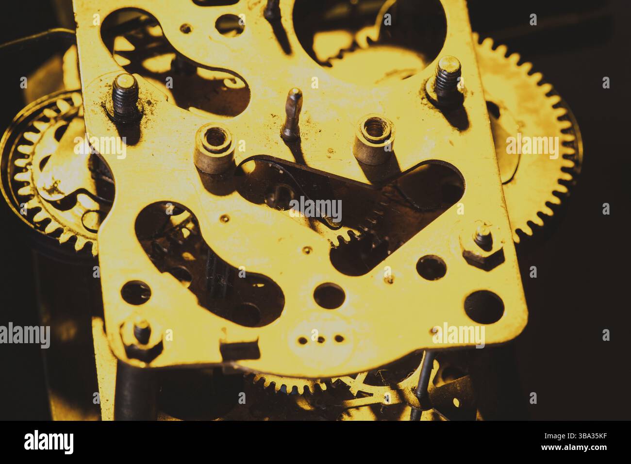 The internal design of the mechanical and rusty clock in a larger view ...