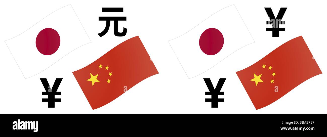 JPYCNY forex currency pair vector illustration. Japan and Chinese flag, with Yen and Renminbi ...