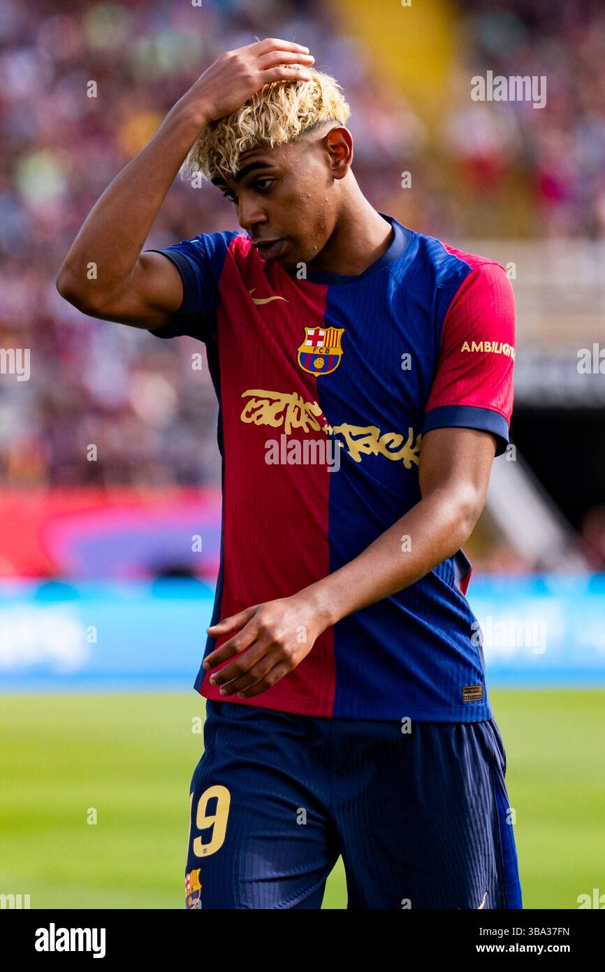 Barcelona, Spain. 11th May, 2025. Lamine Yamal (FC Barcelona) reacts during La Liga football ...