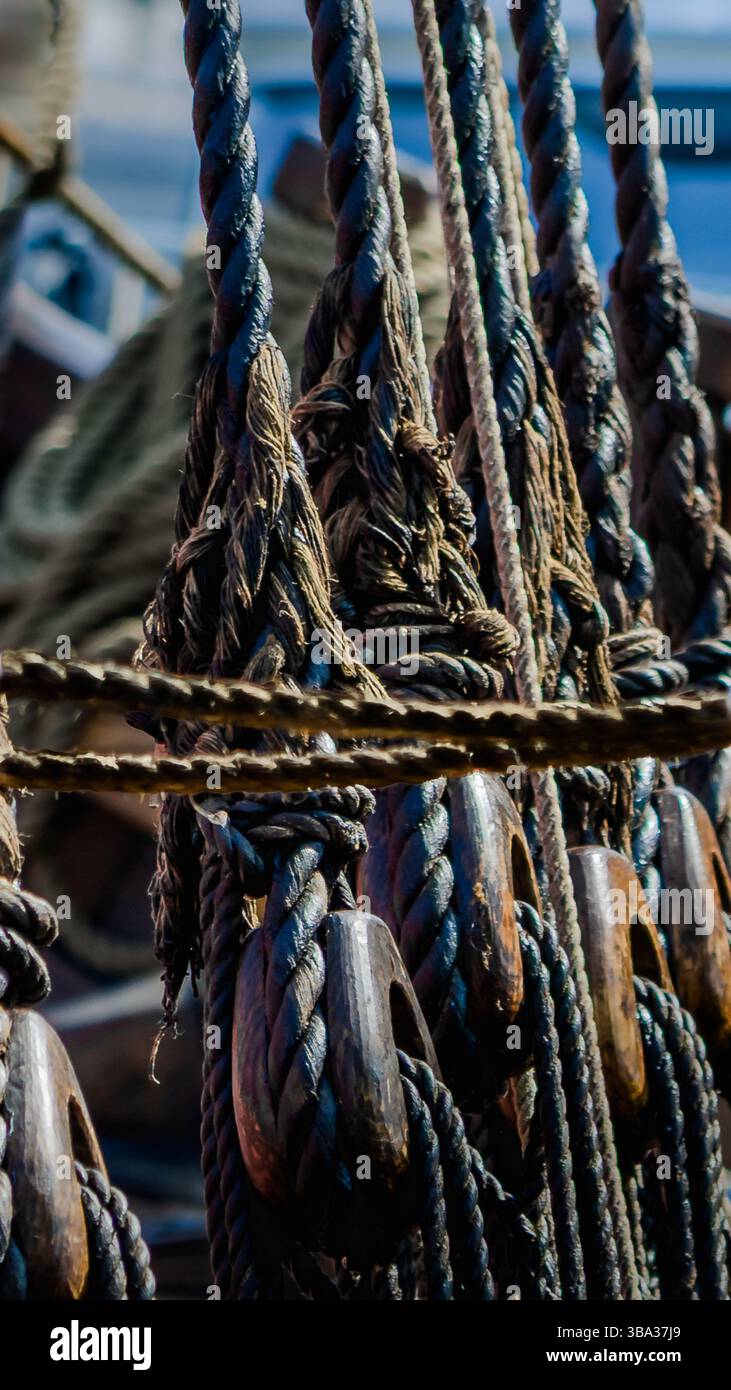 Row of vintage mast ropes and turnbuckles on a replica sailing ship ...