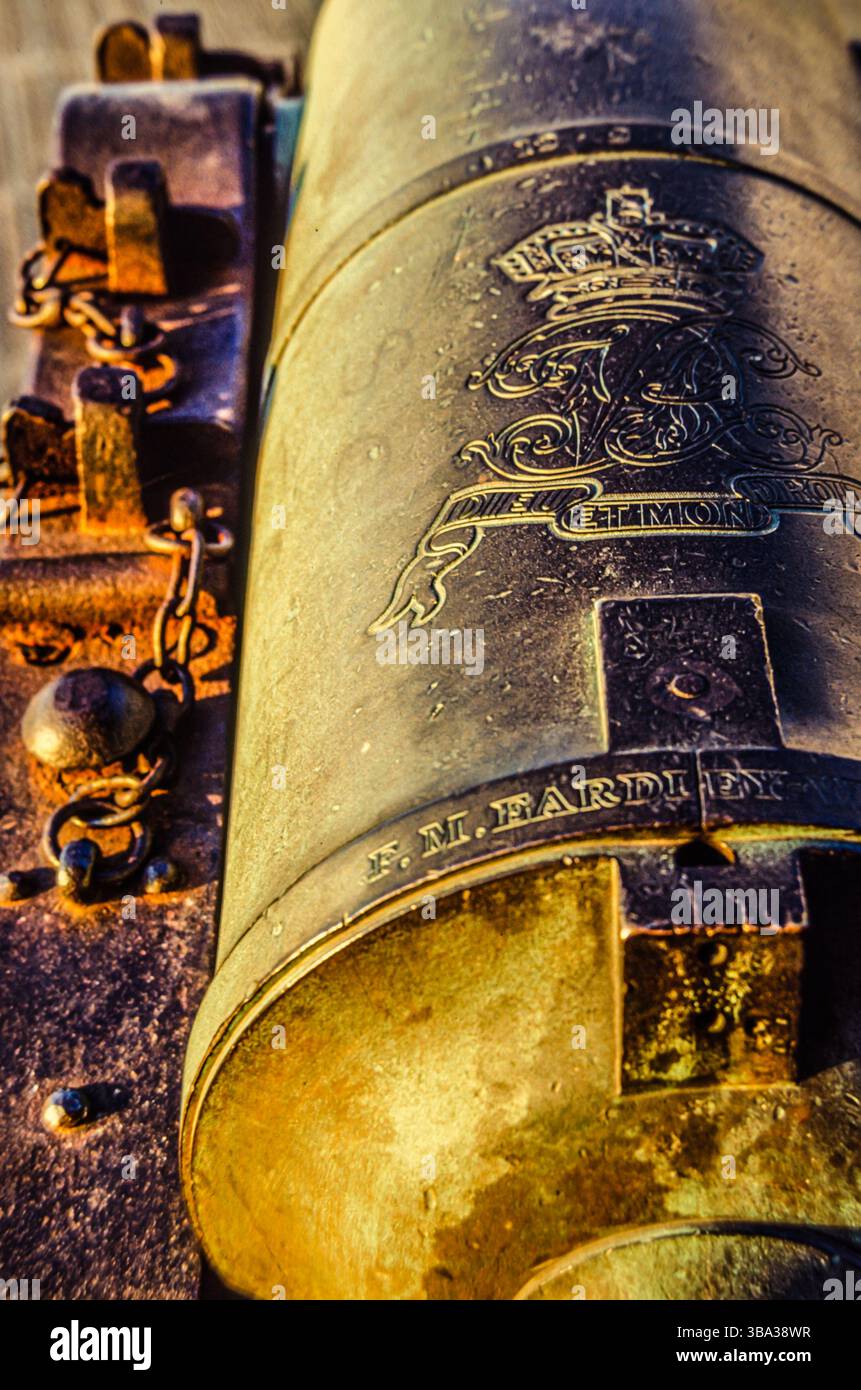 Close-up top view of an antique bronze cannon with a coat of arms Stock ...