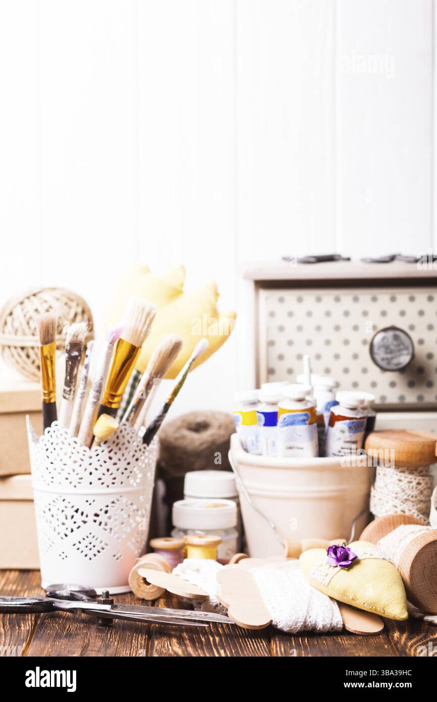 Handmade tools - brushes, paints, shabby ribbons and scissors Stock ...