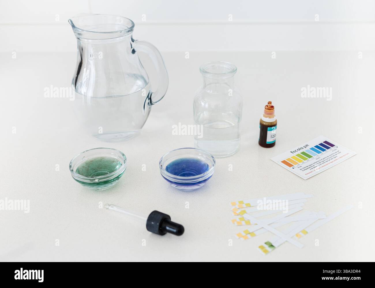 Photographs of a water pH testing kit including color indicator drops ...