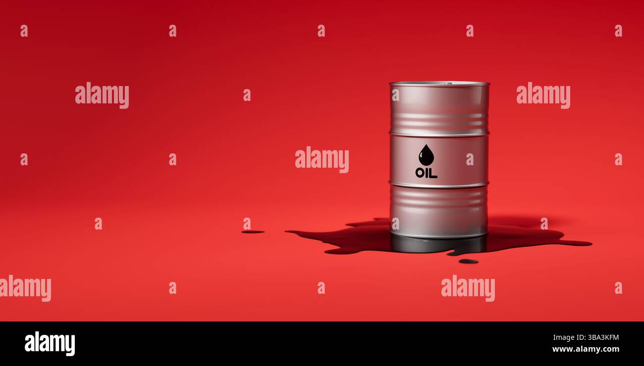 Single silver metal oil barrel stand on spilled puddle of crude oil on ...