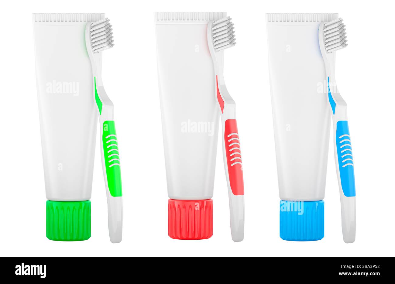 Set of toothpaste tubes with toothbrushes. 3D rendering isolated on ...