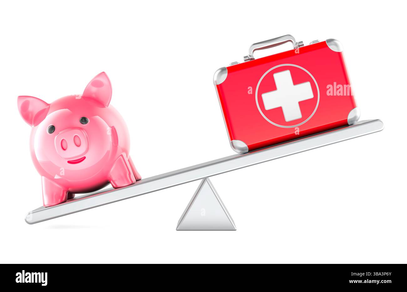 Piggy bank and first aid kit on balance scale. 3D rendering isolated on ...