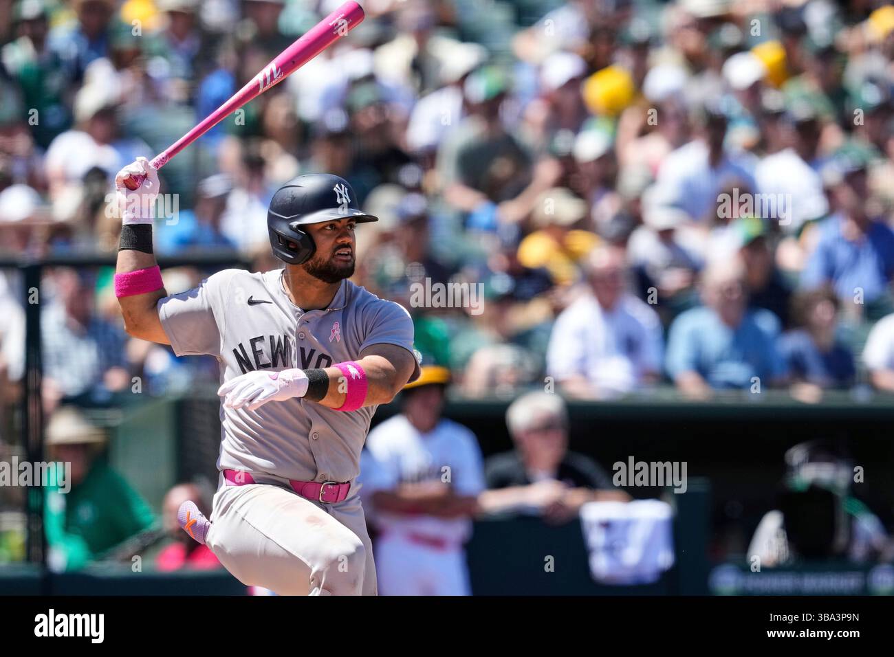 New York Yankees' Jasson Domínguez watches his single during the fifth ...
