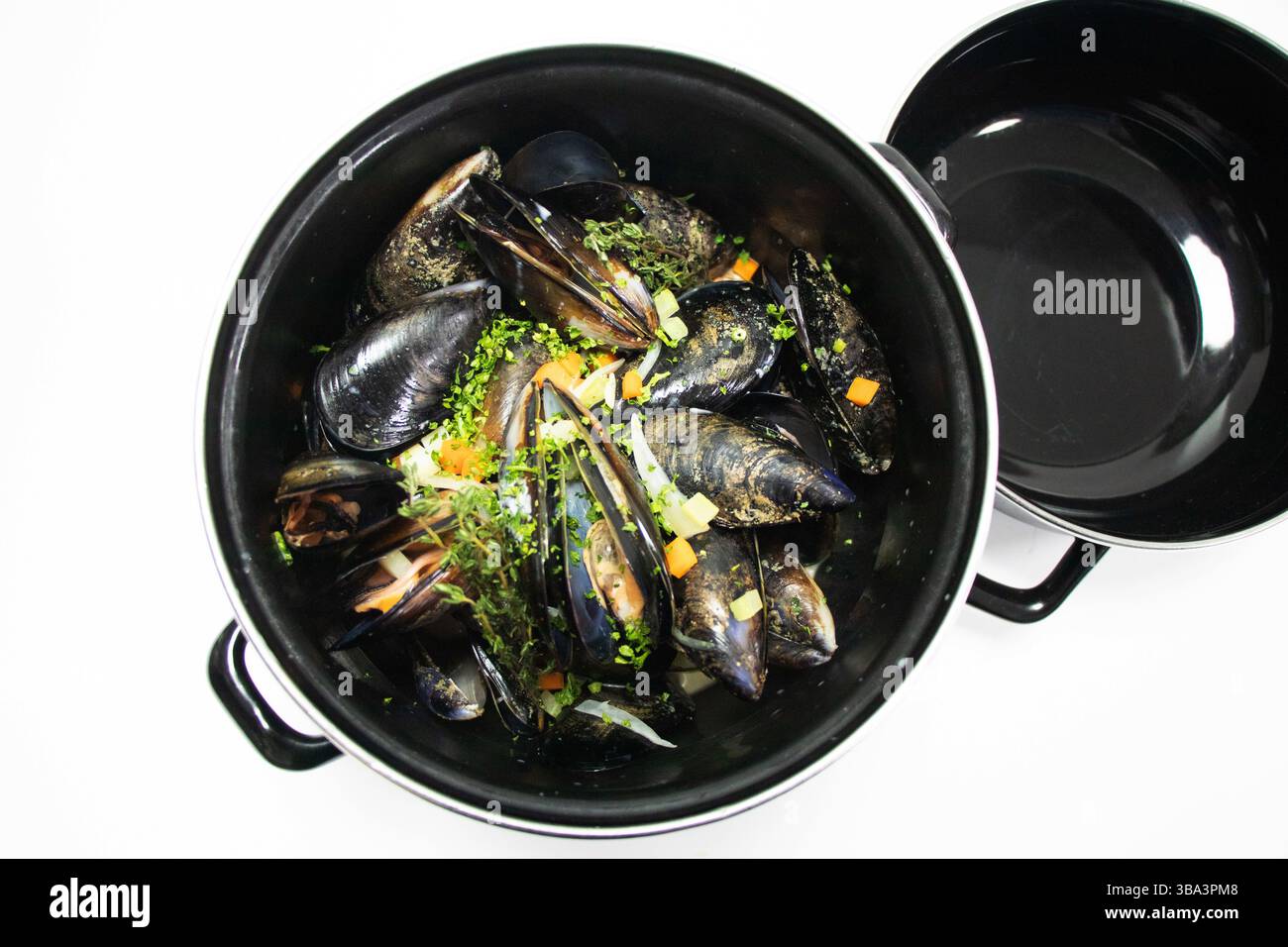 steamed dutch mussels in cream sauce pot with white background Stock ...
