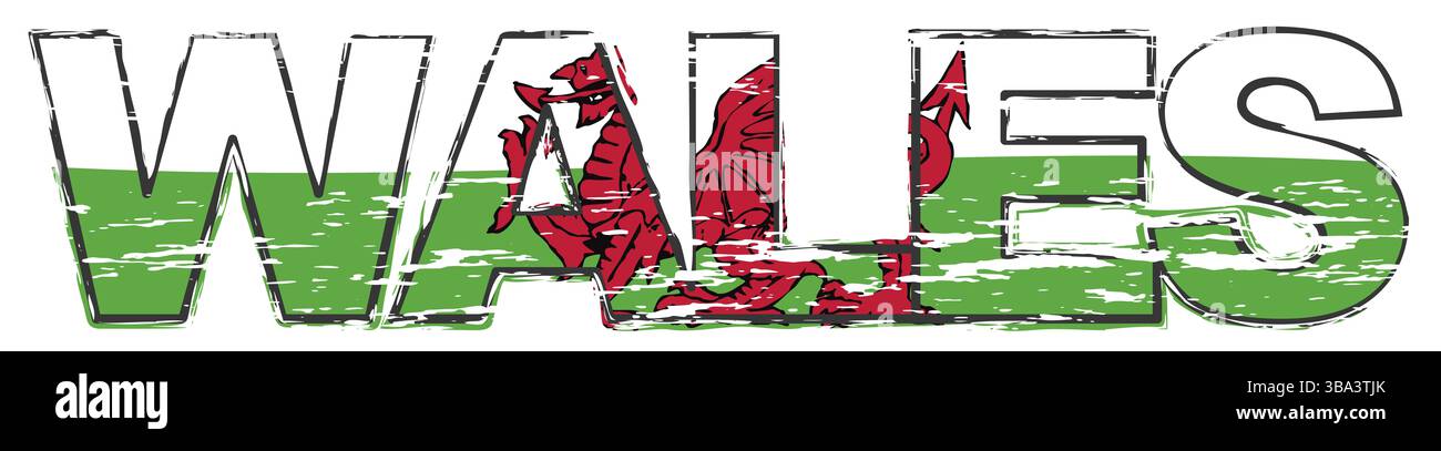 Word WALES with Welsh flag under it, distressed grunge look Stock Photo ...