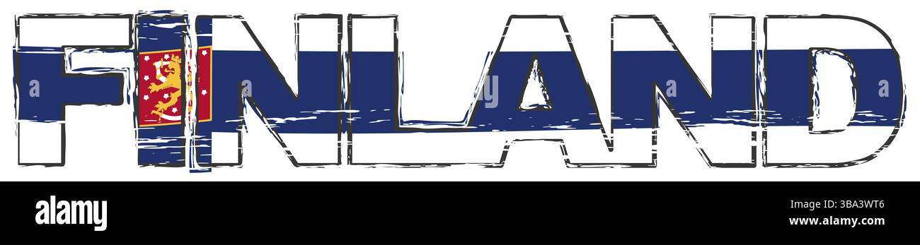 Word FINLAND with Finnish state flag (including heraldic lion symbol ...