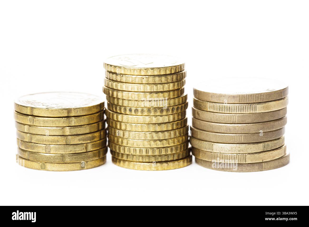 The tower of golden coins isolated on white Stock Photo - Alamy