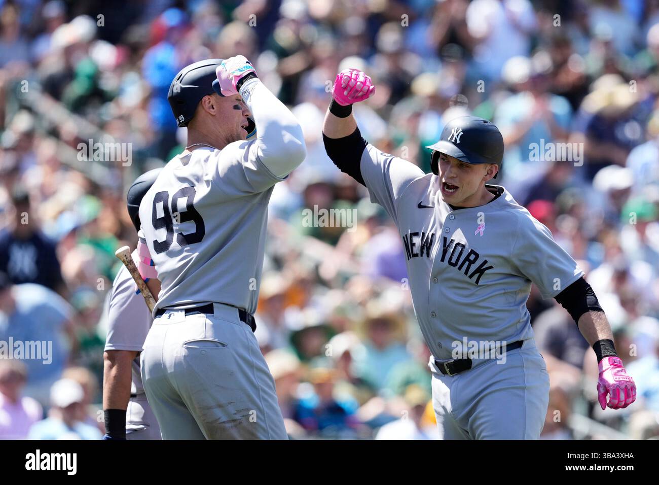 New York Yankees' Ben Rice, right, celebrates with Aaron Judge after ...