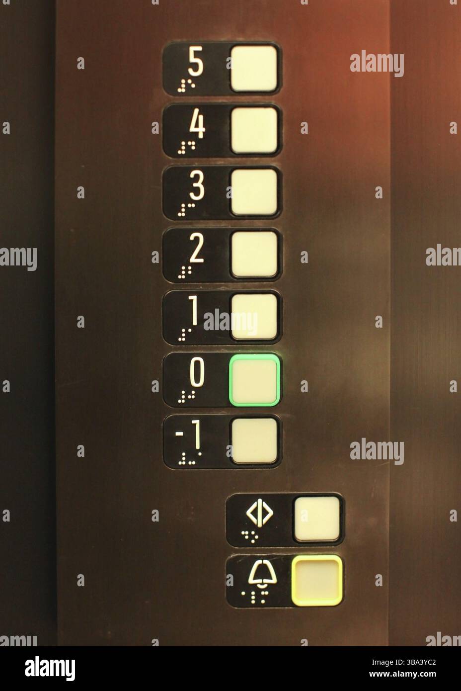 Elevator buttons, number 0 in green, blind, text in Braille alphabet ...