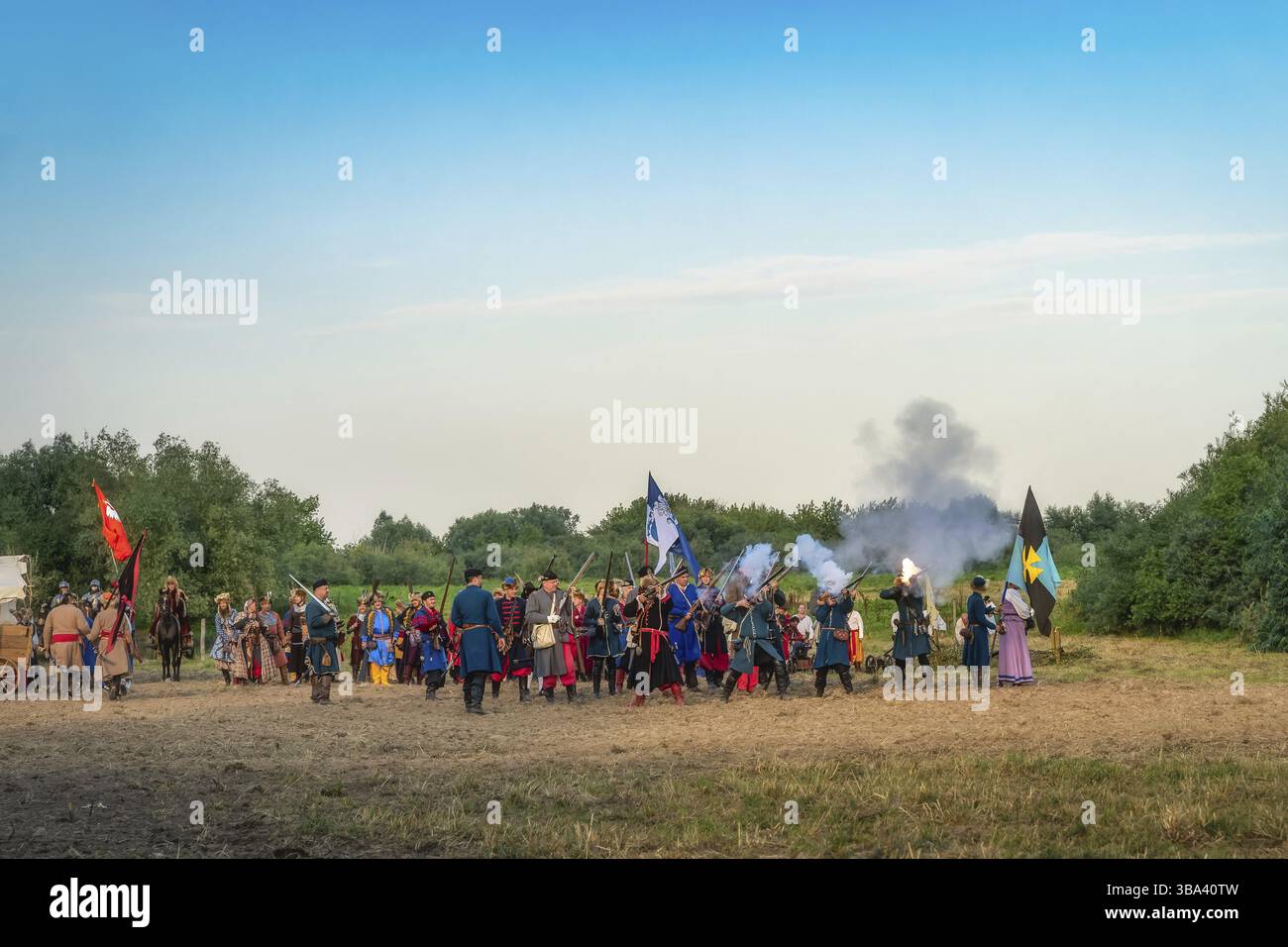 Gniew, Poland, Aug 2020 Swedish infantry aiming and firing muskets on a ...