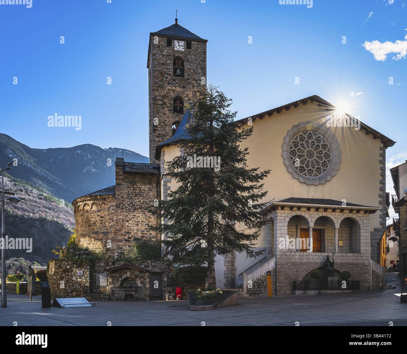Beautiful, 11th century stone St. Esteve Church with sun star and ...