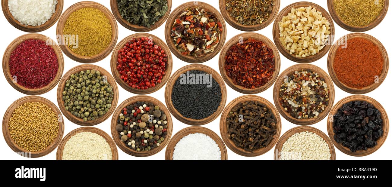 The texture of spices. Seasoning panel. View from above. Seasoning in ...