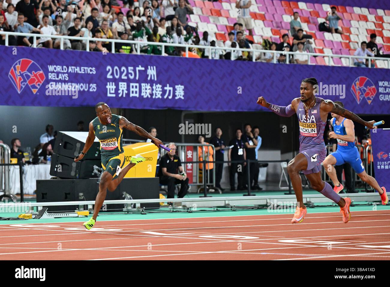 Guangzhou, China's Guangdong Province. 11th May, 2025. Akani Simbine (L) of team South Africa ...