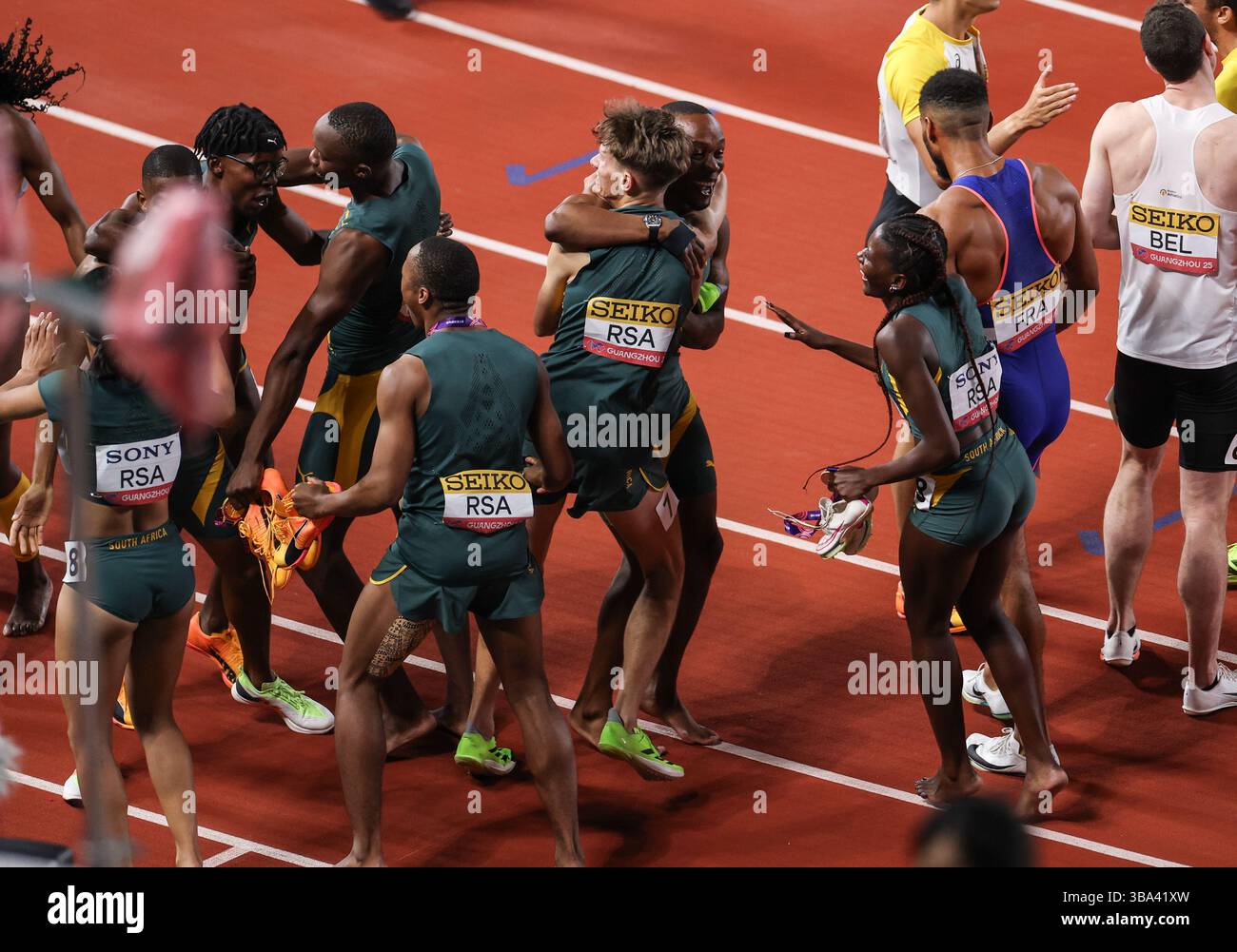 Guangzhou, China's Guangdong Province. 11th May, 2025. Team South Africa celebrate after the men ...