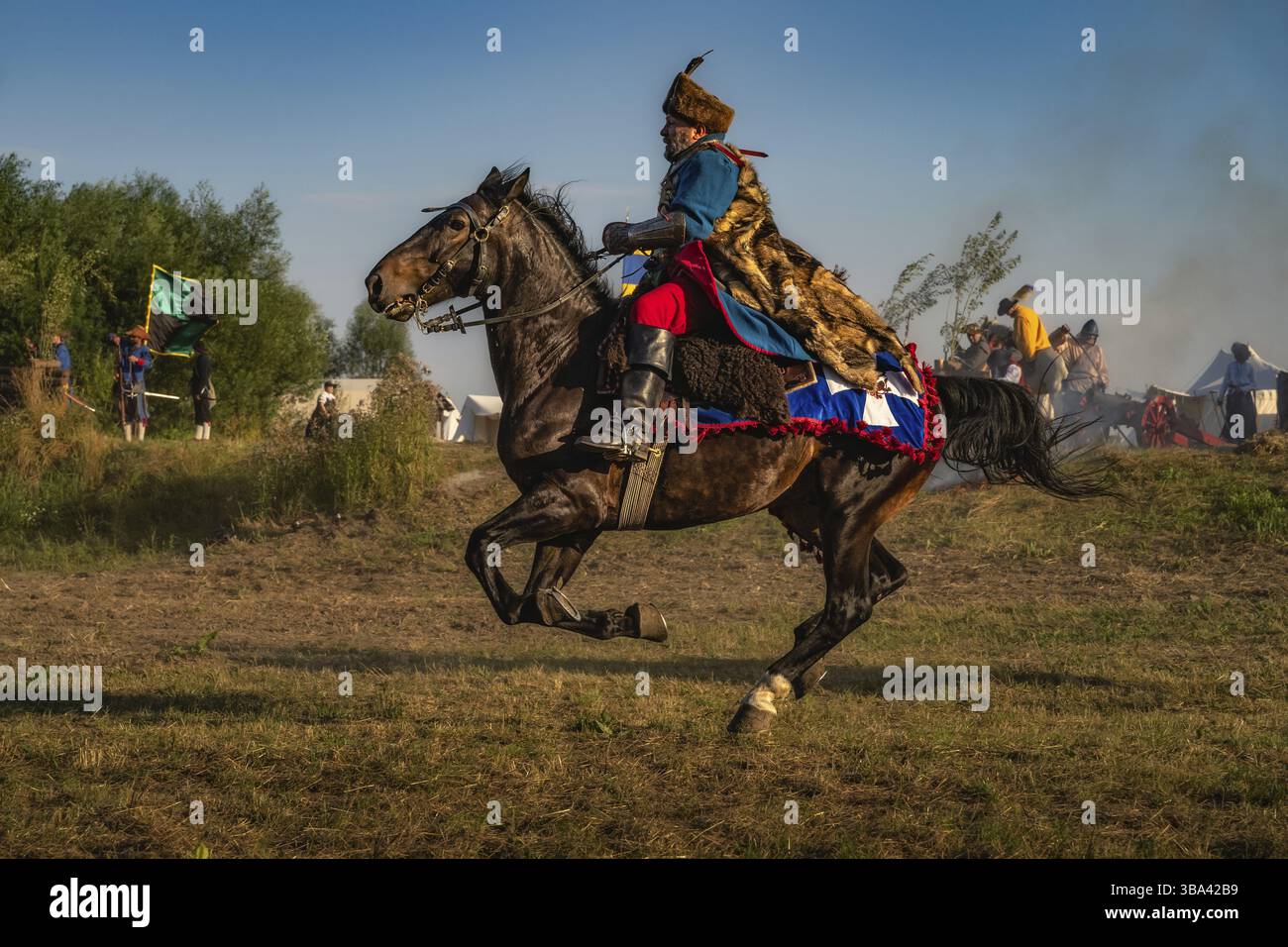 Gniew, Poland, Aug 2020 Closeup on Polish cavalry, Hussar, riding a ...