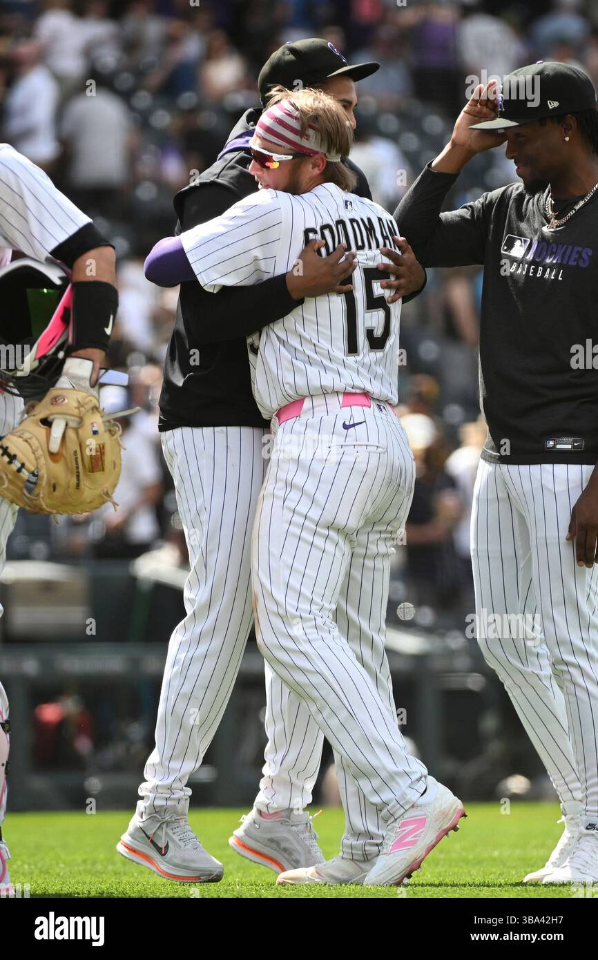Colorado Rockies designated hitter Hunter Goodman (15), starting ...