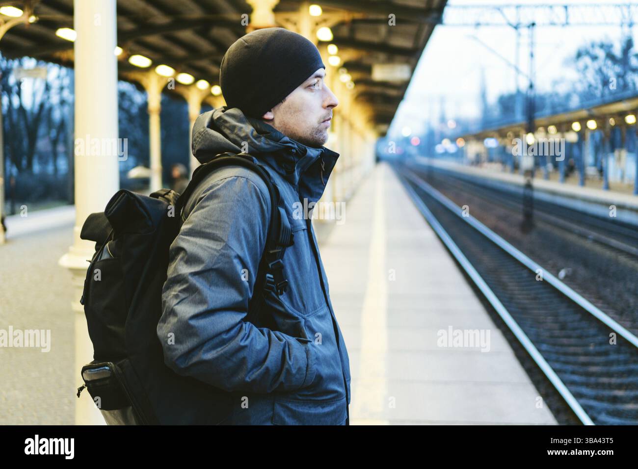 Sopot Fast Urban Railway station. young man standing and waiting train ...
