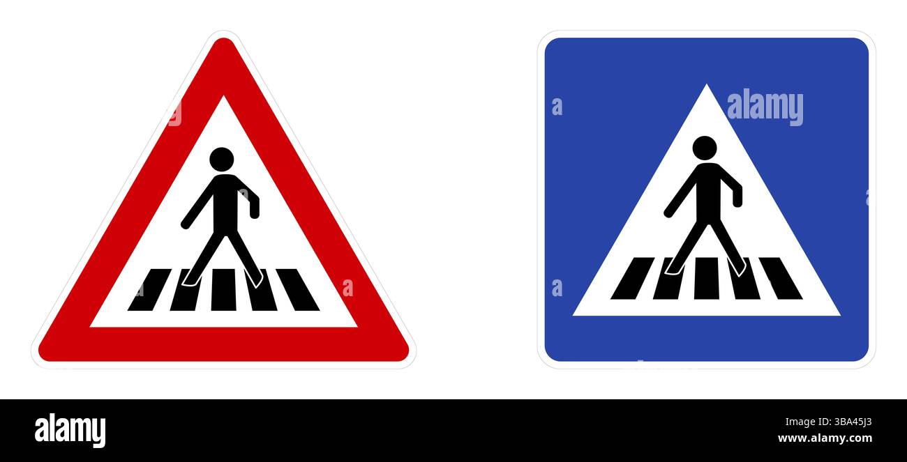 Pedestrian crossing symbol, warning (red triangle) and information ...