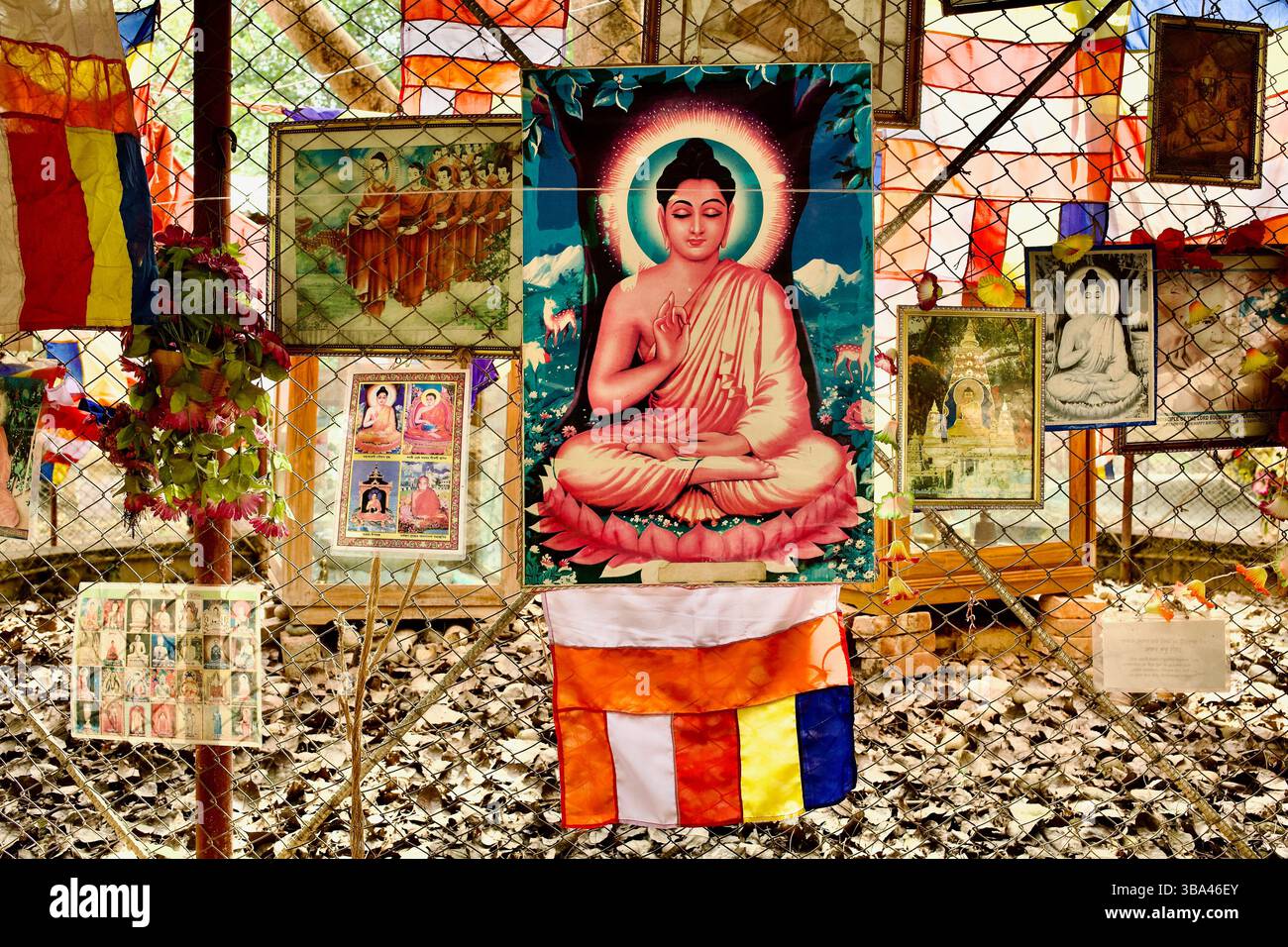 An improvised shrine of Buddha images, flags, and floral garlands ...
