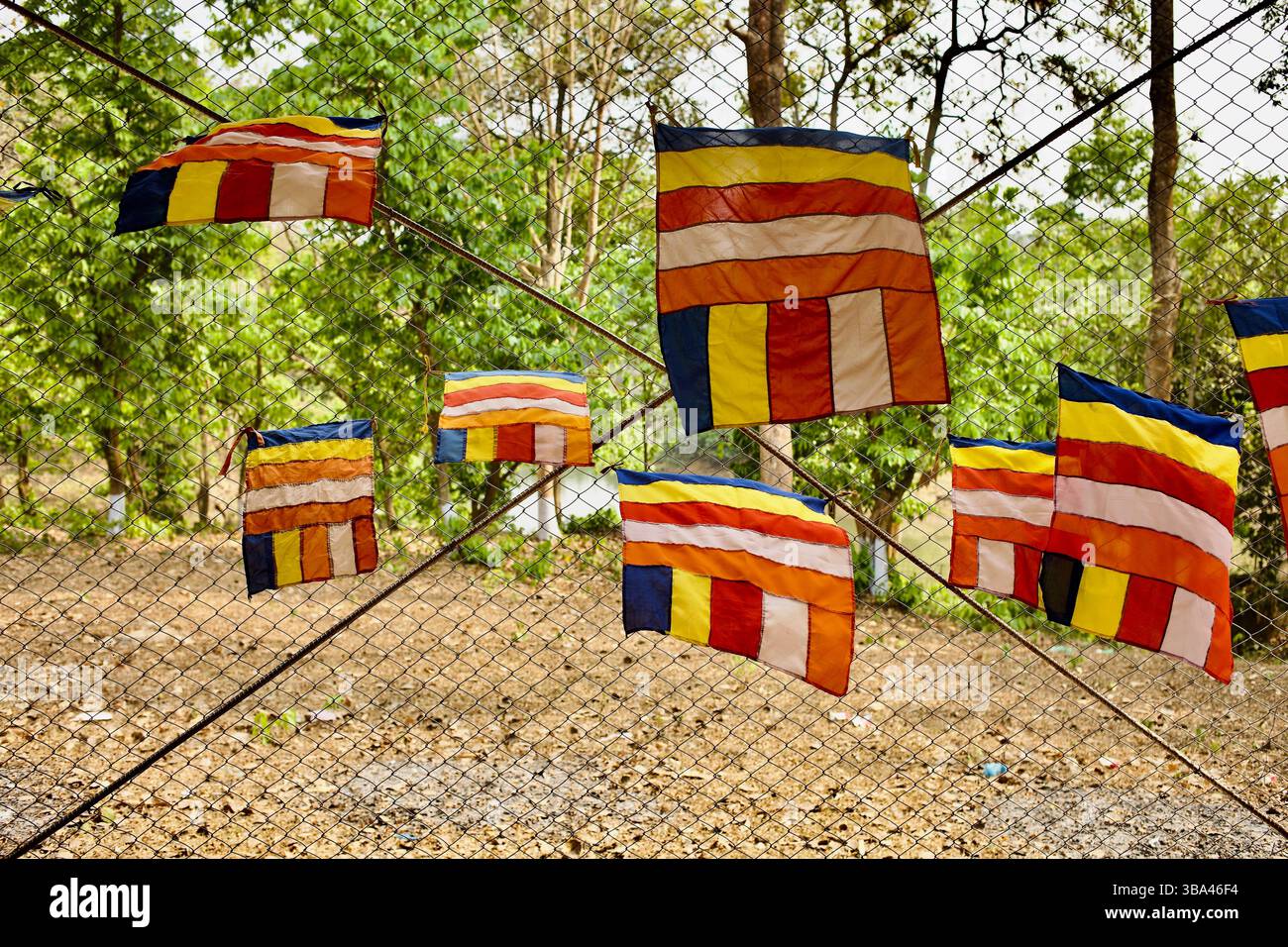 Theravāda Buddhist flags in Rajbana Vihara, Rangamati, symbolising the ...