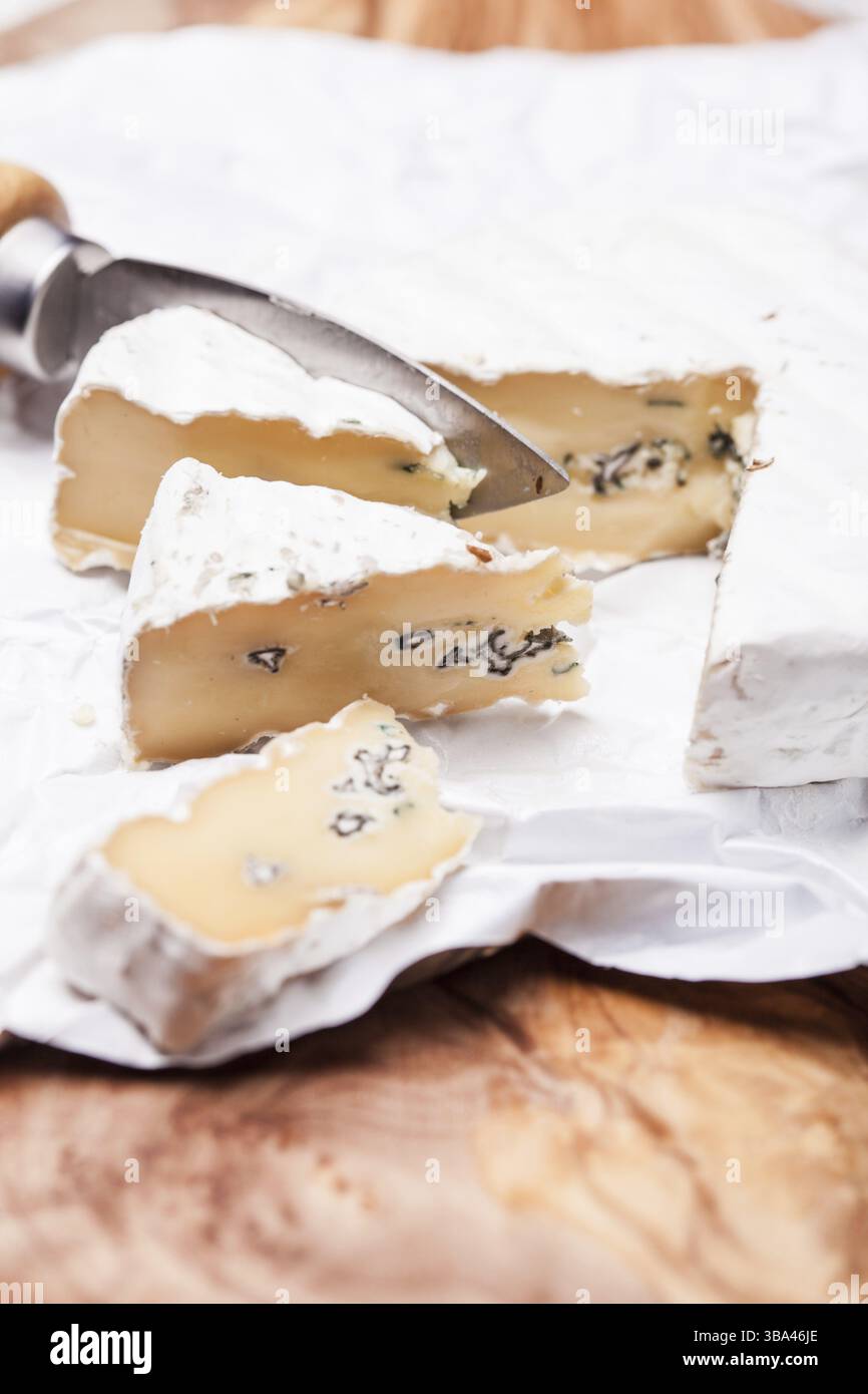 Soft cheese containing veins of blue mold and a firm white skin. Two ...