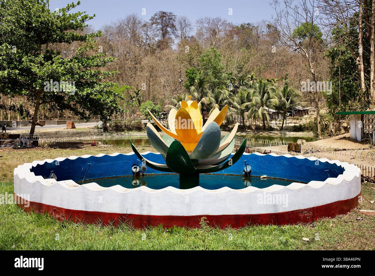 A stylised “shapla” (water lily) fountain stands dry in a park near ...